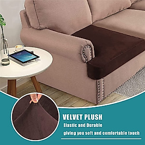 OOCCO Stretch Velvet T Cushion Sofa Slipcovers, Individually Sofa Cushion Covers for Cushion Couch Seat Cushion Covers, Sofa Seat Cushion Covers with Elastic Bands Machine Washable (Brow