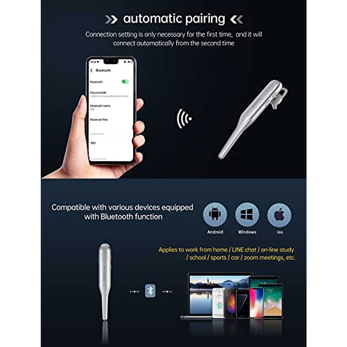 Glazata Wireless Headset with Dual MIC Noise Cancelling, apt-X & apt-X HD for Driving, Office, Business, Compatible with Cell Phone and PC - 「Silver」