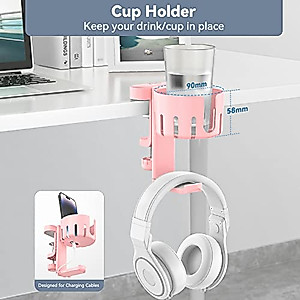 KDD Rotatable Headphone Hanger - 3 in 1 Under Desk Clamp Controller Stand Replaceable Cup Holder - Compatible with Universal Headset, Controller, Cup(Pink)