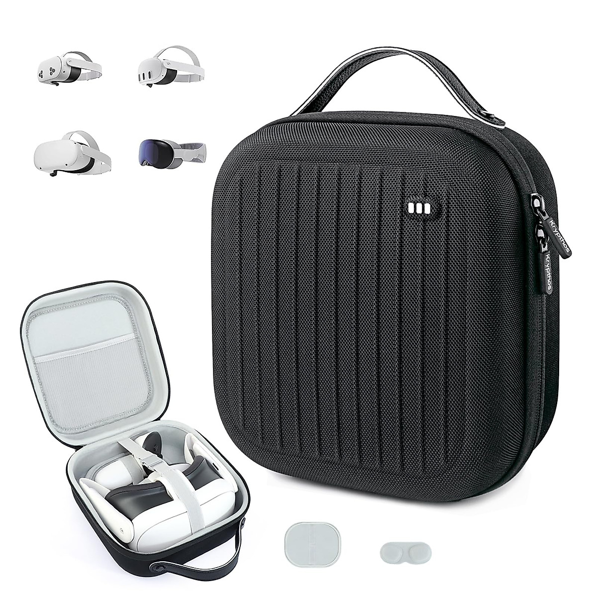 Krypthos Hard Carrying Case Compatible with Meta Quest 3S/Quest 3/Quest 2/Vision Pro, Portable VR Gaming Headset and Touch Controllers Case with Lens Protector, for Travel and Home Storage (Black)