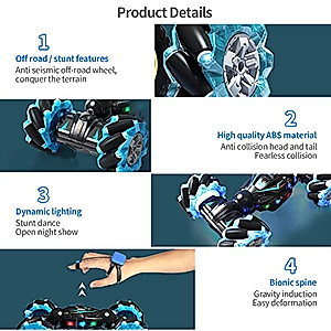 Deejoy RC Stunt Car, 2.4GHz 4WD Remote Control Gesture Sensor Toy Cars, Double Sided Rotating Off Road Vehicle 360° Flips with Lights Music, for Boys & Girls Birthday
