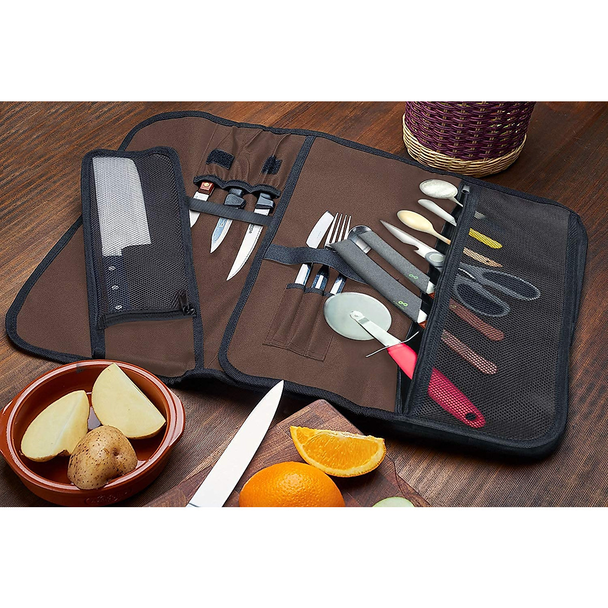 EVERPRIDE Chef Knife Roll Bag Holds 10 Knives – Contains 2 Large Zippered Pockets for Meat Cleavers and Cooking Tools – Durable Knife Carrier Case for Chefs and Culinary Students – Knives Not Included