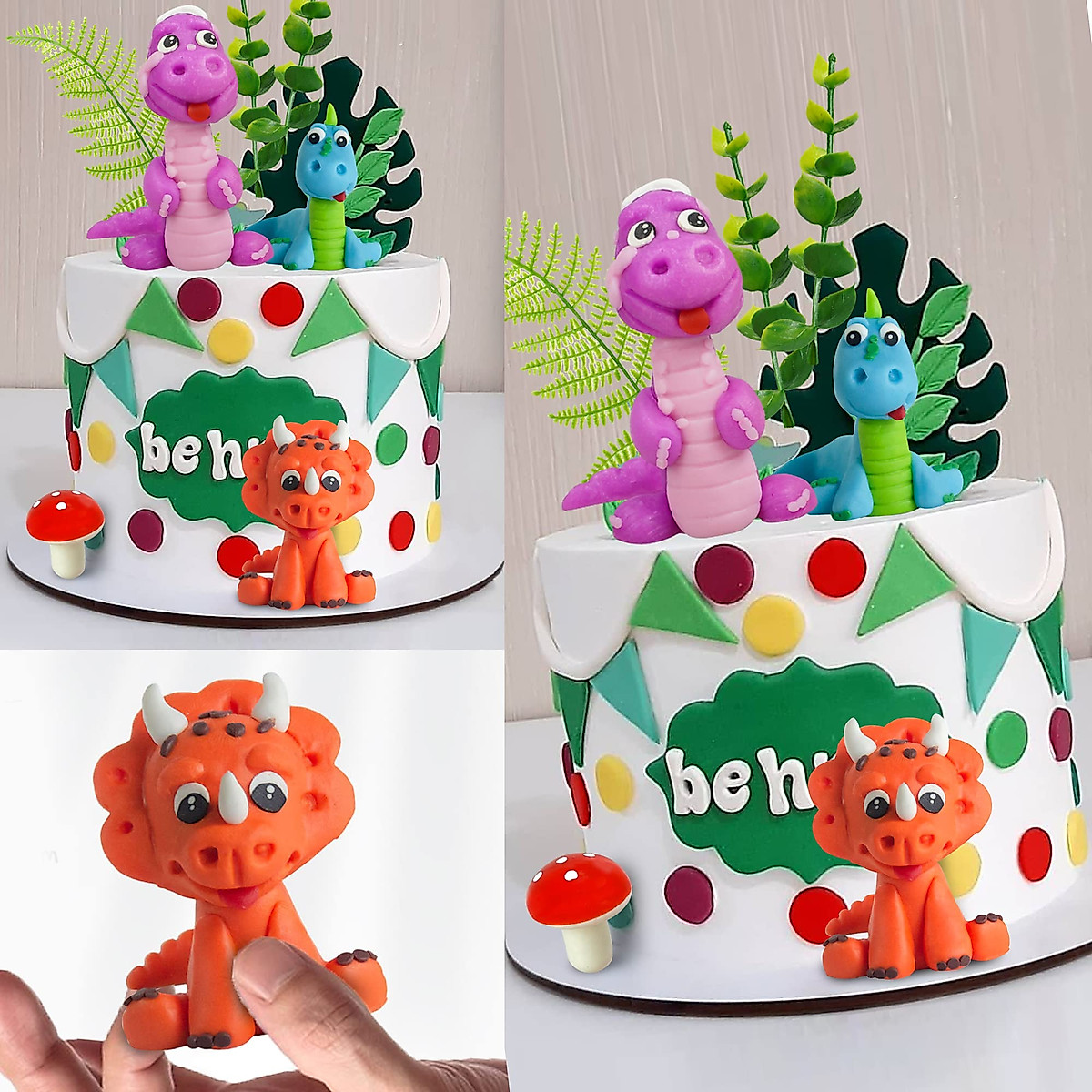 Dinosaur Cake Toppers Rainbow Cake Topper Dinosaur Eggs Leaves Baby Dinosaur Figurines Jungle Safari Cake Decoration for Birthday Baby Shower Party Supplies (Clay Dino)
