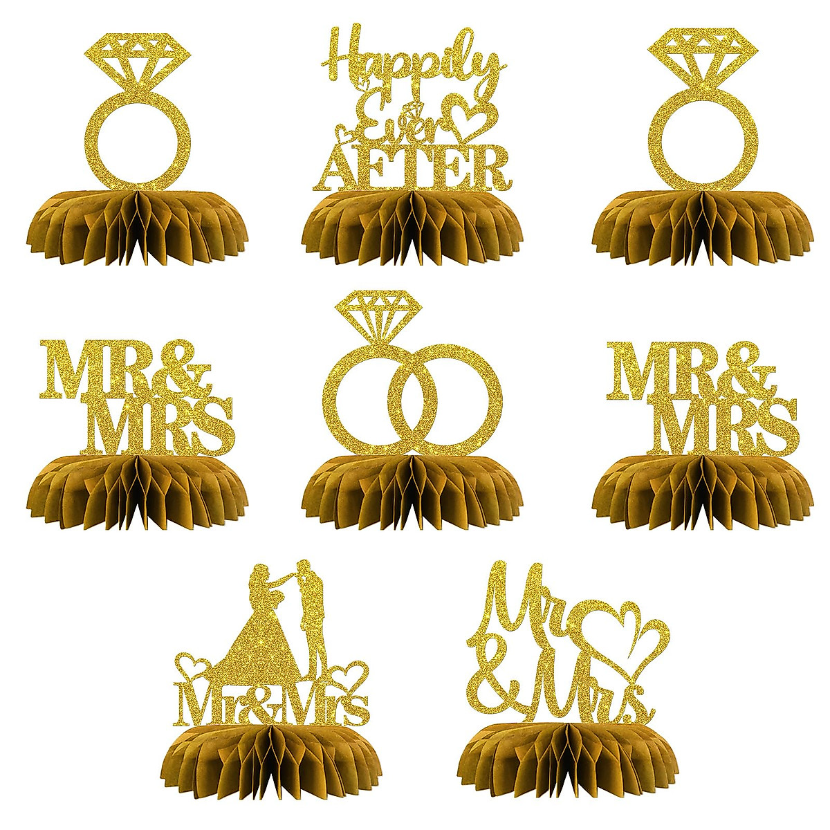Maicaiffe Mr & Mrs Table Honeycomb Centerpieses Decorations - Glitter 8 Pcs Wedding Engagement Party Table Toppers Decor - Bridal Shower - Wedding Party Decoration Supplies