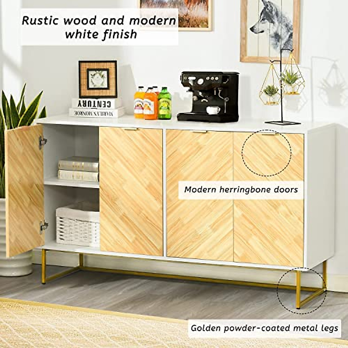 4 EVER WINNER Sideboard Buffet Cabinet, 55" Modern Credenzas Storage Cabinet with 4 Doors, Wood Buffet Storage Cabinet with Adjustable Shelves for Living Room Hallway, White and Gold