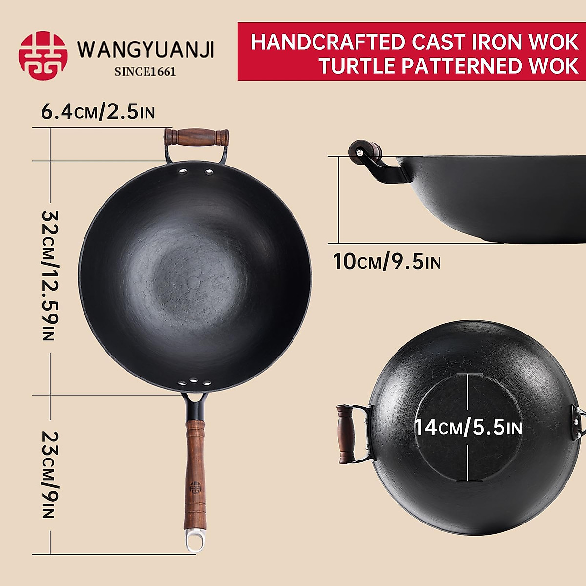 WANGYUANJI Cast Iron Wok,12.59'' Flat Bottom Wok with Glass Lid,Suitable for All Cooktops, Uncoated Craft Wok Healthy Cooking Wok