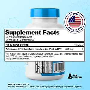 Prime Powders ATP Capsules - 120 Capsules - 400mg per Serving - Adenosine Triphosphate - Boost Energy Endurance Stamina