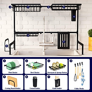 Kitsure Over The Sink Dish Drying Rack - 23.6" to 35"x21.2", Adjustable Sink Drying Rack for Kitchen Sink with Large Capacity, 2-Tier Dish Rack Over Sink with Multifunctional Baskets,Black