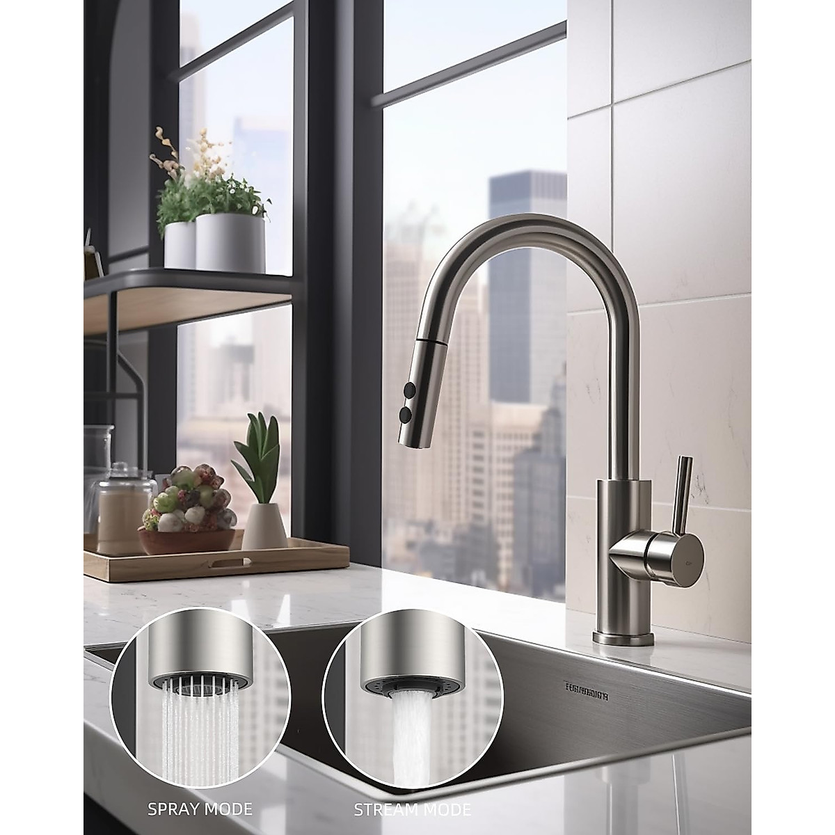 Metal Pull Down Kitchen Faucet Head Replacement with 15 Adapters, Pull Out Sink Spray Head, 2 Function Spray Nozzle Compatible with Moen, American Standard, Delta, Kohler Faucets, Brushed Nickel