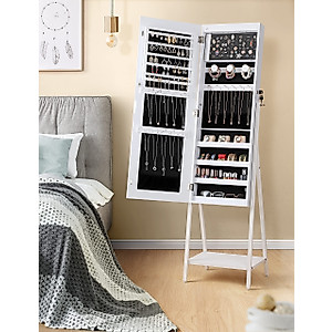 Nicetree 8 LEDs Standing Jewelry Mirror Cabinet, Full Length Mirror and Jewelry Storage All in One, Superior Storage Capacity Jewelry Armoire Stand Up Mirror (White)