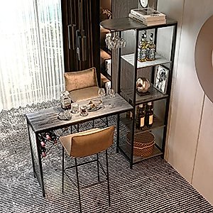QNICE LED Lights Bar Table with Shelves/Modern Kitchen Counter Height Dining Table/Lounge or Dining Room Storage Pub Table/Dark Rustic Oak/Easy Assembly