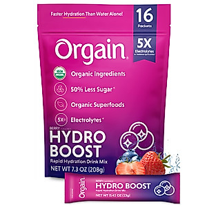Orgain Organic Hydration Packets, Electrolytes Powder - Berry Hydro Boost with Superfoods, Gluten-Free, Soy Free, Vegan, Non GMO, Less Sugar than Sports Drinks, Travel Packets, 16 Count