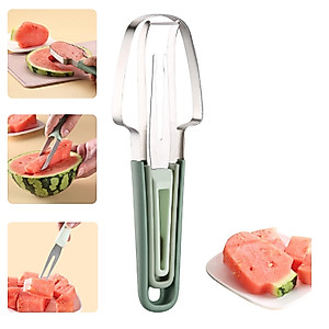 MOTEERLLU 3 in 1 Multifunctional Watermelon Popsicle Slicer Cutter Tool with Fork, Stainless Steel Fruit Cutter Slicer Kitchen Gadget, Portable Watermelon Windmill Cutter Knife (Green)