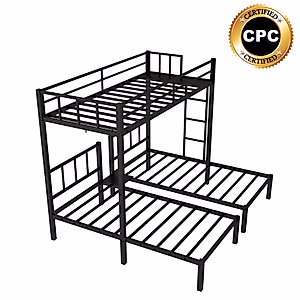 Bellemave Triple Bunk Bed for 3 Metal Twin Over 2 Twin Bunk Bed with Shelf for Kids Boys Girls, Detachable Triple Bunk Bed Can be Divided Into Three Beds, Black
