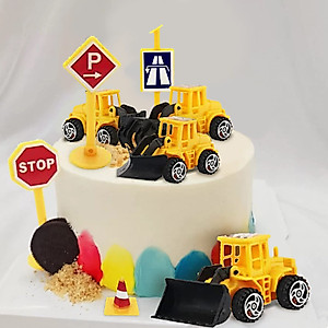 Newmemo 16pcs Construction Cake Topper Vehicles Cake Decoration Set Truck Excavator Tower Crane Cupcake Topper Traffic and Road Sign Decor Happy Birthday Party Supplies Favors for Kids Boys