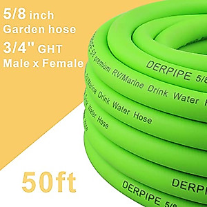 DERPIPE Heavy Duty Garden Hose - 5/8" x 50 ft, Flexible and Kink Resistant RV Safe Drinking Water Hose, with 3/4" GHT Solid Aluminum Connector