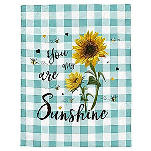 Sunflower Super Soft Cozy Flannel Fleece Blanket- Farmhouse Sunflower and Bees Teal Plaid Lightweight Comfy Throw Blanket for Bed/Couch/Sofa/Camping 40 x 60 Inche