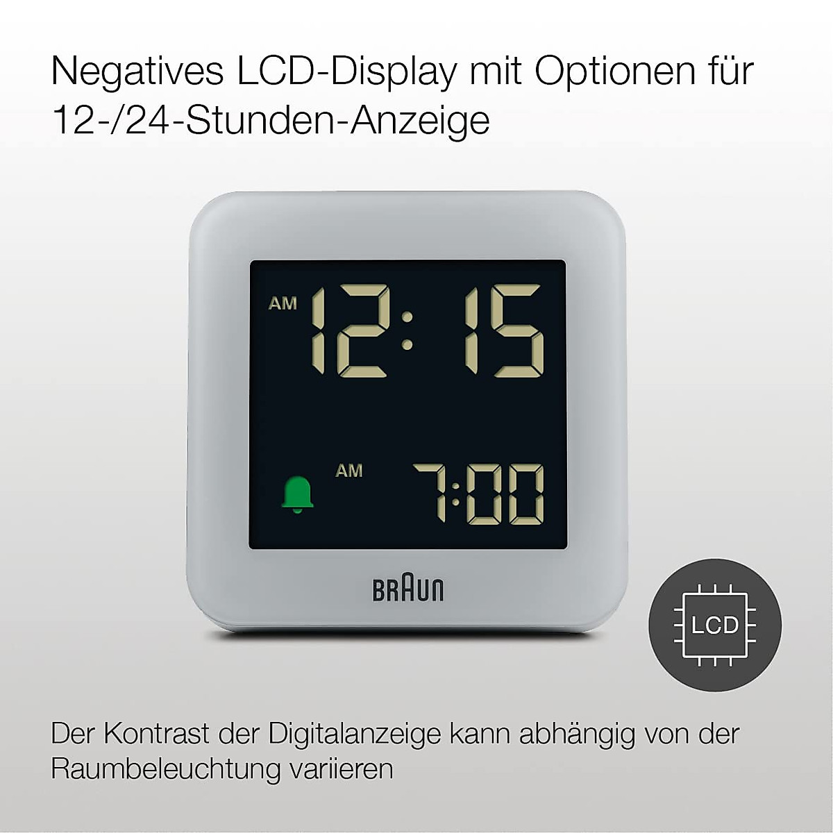 Braun Digital Alarm Clock with Snooze, Negative LCD Display, Quick Set, Crescendo Beep Alarm in Grey, Model BC09G.