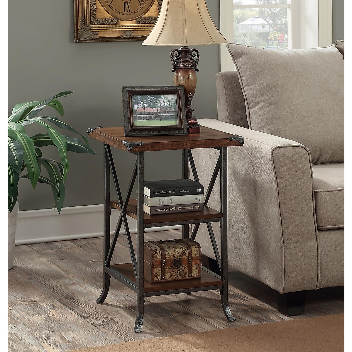 Convenience Concepts Brookline End Table, Dark Walnut / Slate Gray Frame