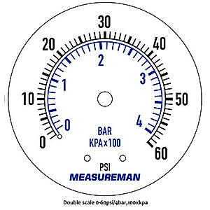 MEASUREMAN 2" Start and Clean Filter Pressure Gauge, Swimming Pool Filter Pressure Gauge, Spa, Aquarium, Water Pressure Gauge, 1/4" NPT Lower Mount 0-60Psi/bar