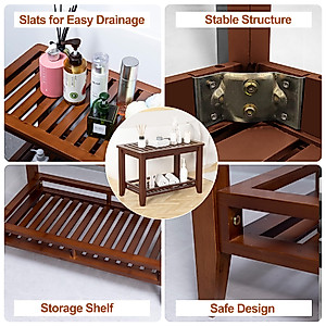 Forevich Bamboo Shower Bench Stool Bathroom Shower Chair Seat with Storage Shelf Spa Bath Foot Rest for Insider Shower Bathtub Elderly and Disabled Brown