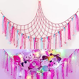 Vorey Stuffed Animal Storage Macrame Stuffed Animal Net or Hammock Toy Hammock Stuffed Animal Holder Hanging Stuffed Animal Organizer Plushie Net for Stuffed Animals Corner, Pink