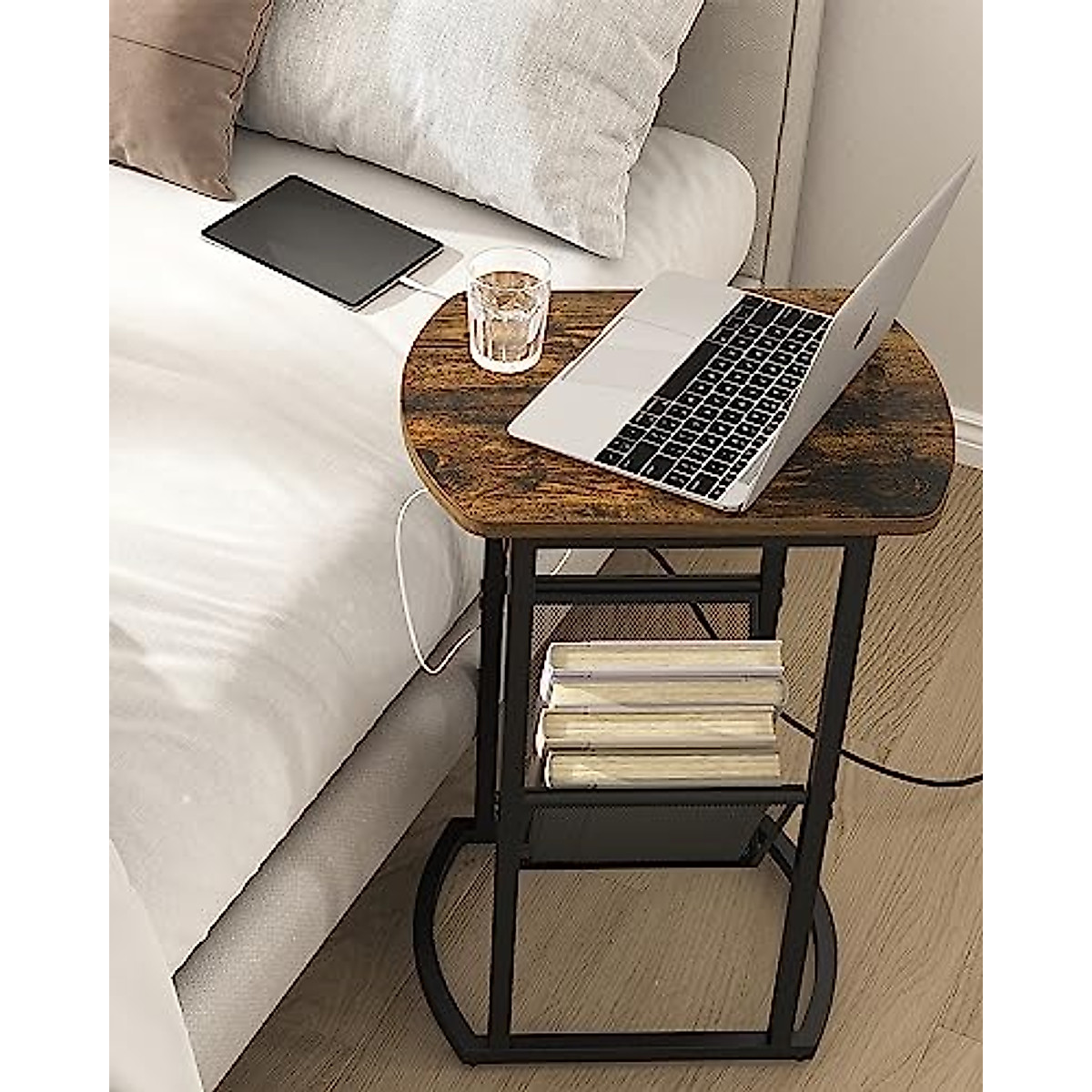Hzuaneri Side Table with Charging Station, End Table with V-Mesh Magazine Holder, Industrial Record Player Stand with CD Album Storage Shelf, Rustic Brown and Black ET05401B