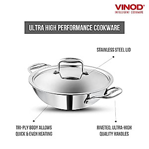 Vinod Platinum Triply Stainless Steel Kadai with Lid: Diameter- 22 cm, Capacity 1.8 Liter (1.9 Quarts)