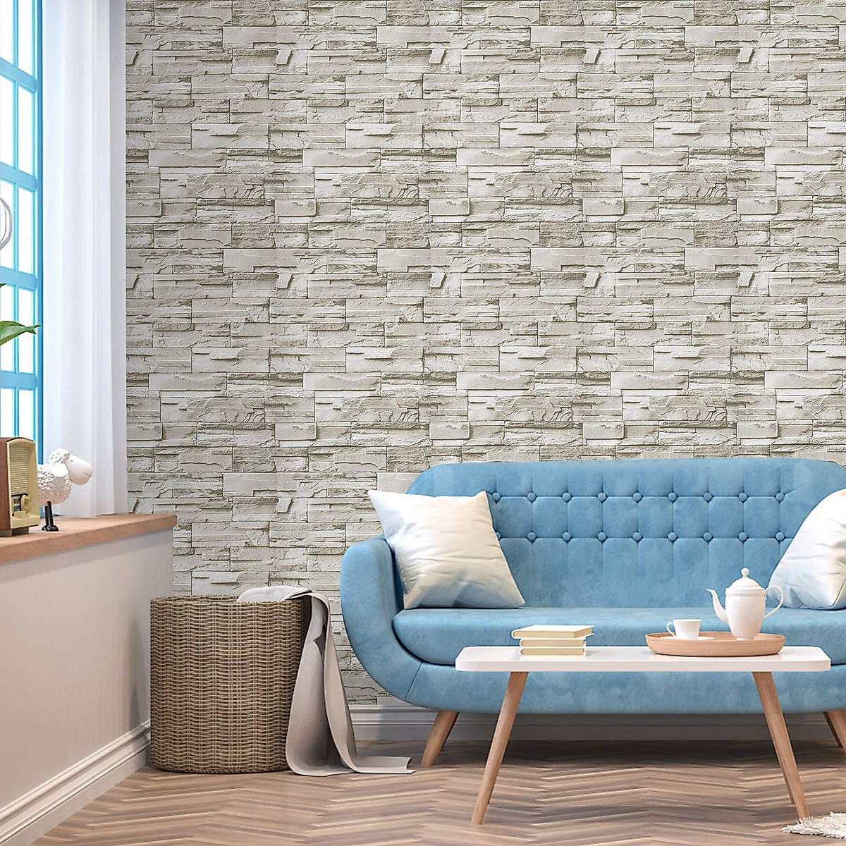 WENMER Beige Stone Peel and Stick Wallpaper 17.7" x 118" 3D Wallpaper Faux Brick Wallpaper Textured Stone Wall Paper Brick Self Adhesive Removable Wallpaper for Kitchen Backsplash Walls