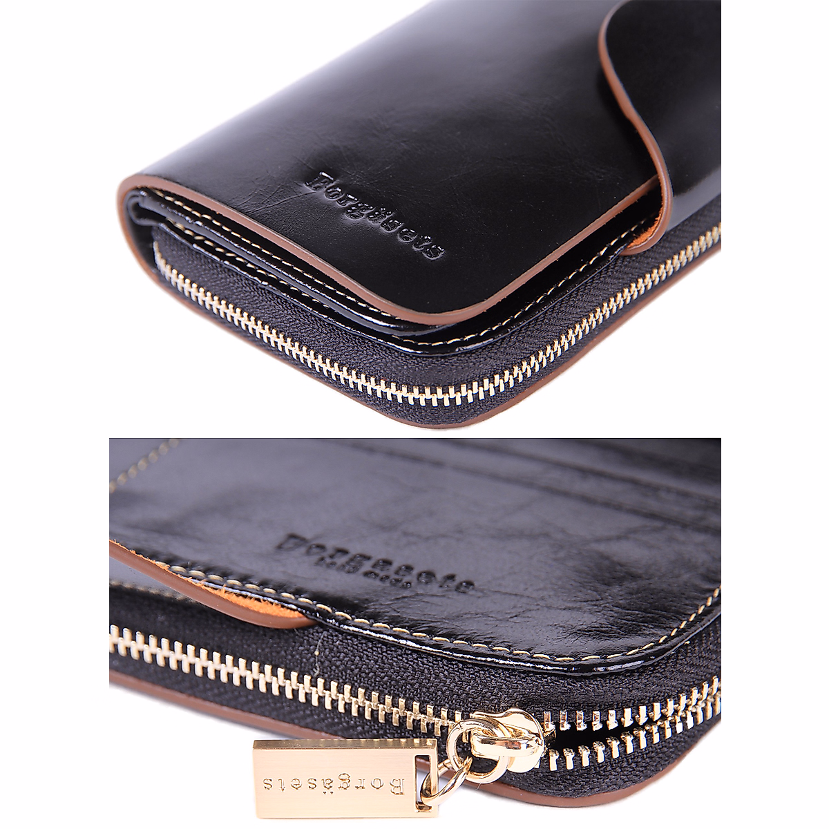 Borgasets RFID Blocking Large Capacity Wax Real Leather Clutch Wallet Card Holder Purse for Women, Black