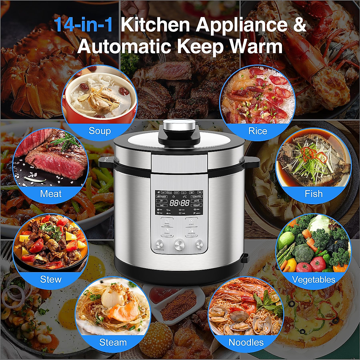 VBGK Electric Pressure Cooker 14-in-1,6.3Qt Pressure Cooker,Slow Cooker,Rice Cooker,Steamer,Yogurt Maker,Bake,Stock Pot,Steamer,Warmer & Sterilizer,Delay Timer,Automatic Pressure Release