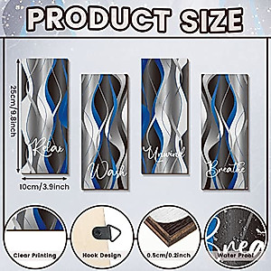 Qunclay Set of 4 Blue and Black Striped Bathroom Wall Art Grey and White Relax Soak Unwind Breathe Wall Art Farmhouse Rustic Wood Bathroom Wall Decor Hanging Modern Wooden Printed Sign, 11 x 4 Inch