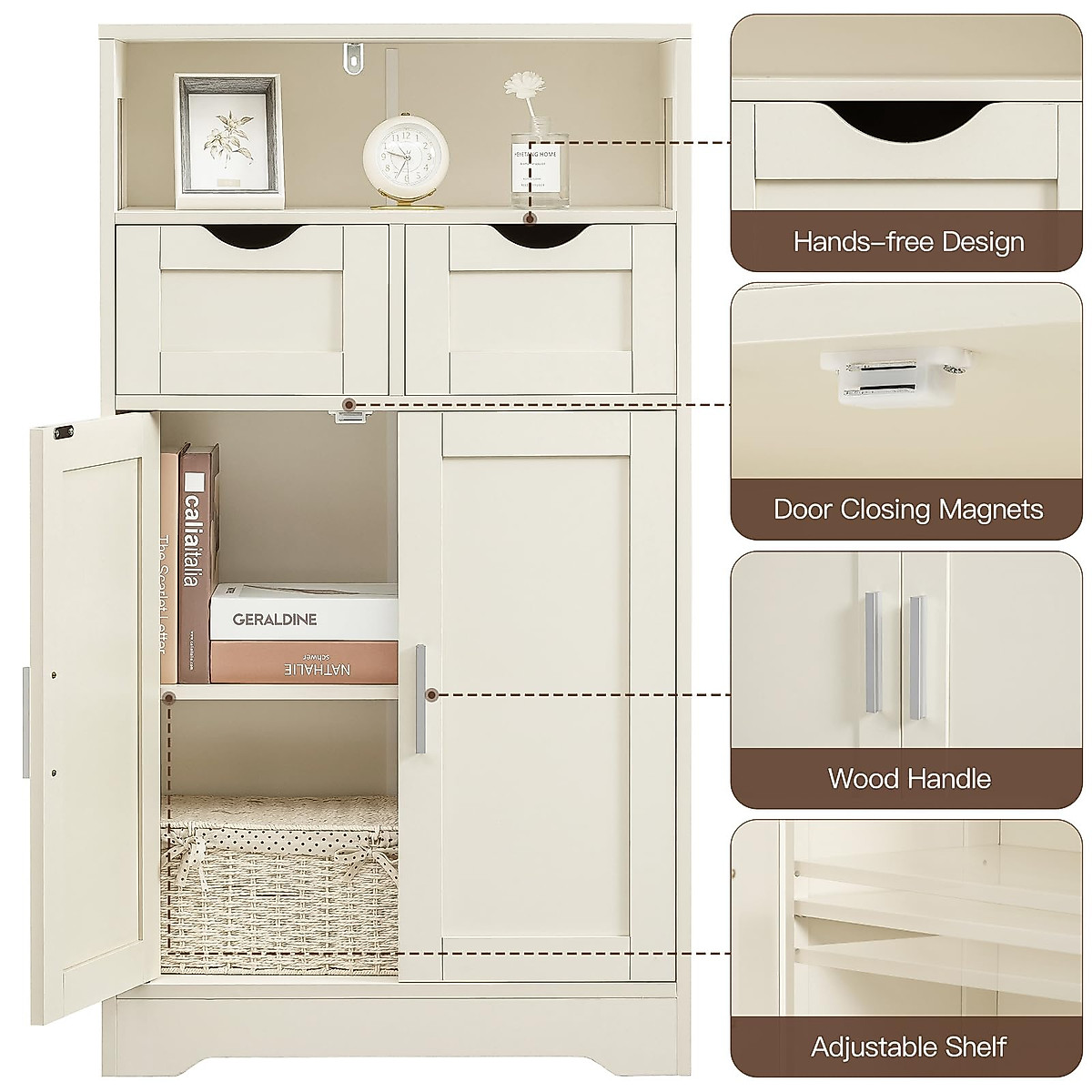 Iwell Tall Storage Cabinet, Bathroom Cabinet with 2 Drawers & 2 Adjustable Shelves, Bathroom Floor Cabinet for Living Room, Home Office, Soft White