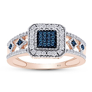 AFFY 1/10 Carat Round Cut Enhanced Blue And White Natural Diamond Square Frame Wedding Band In 14k Rose Gold Over 925 Sterling Silver (Clarity : I2-I3, Color : I-J, 0.10 Cttw) Size -4