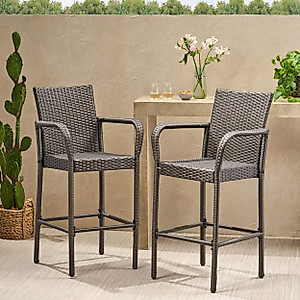 Christopher Knight Home Delfina Outdoor Wicker Barstools, 2-Pcs Set, Grey
