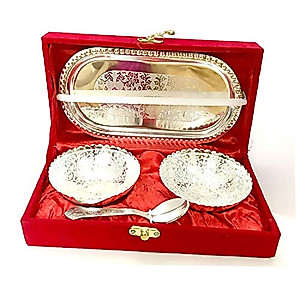 DBY Tradenet Dry Fruit Box Silver Color Plated Brass 2 Bowl 2 Spoon and 1 Tray Set Tray Sweet Mukhwas Supari Candy Chocolate Box Multipurpose Dry Fruit set Serving Tray