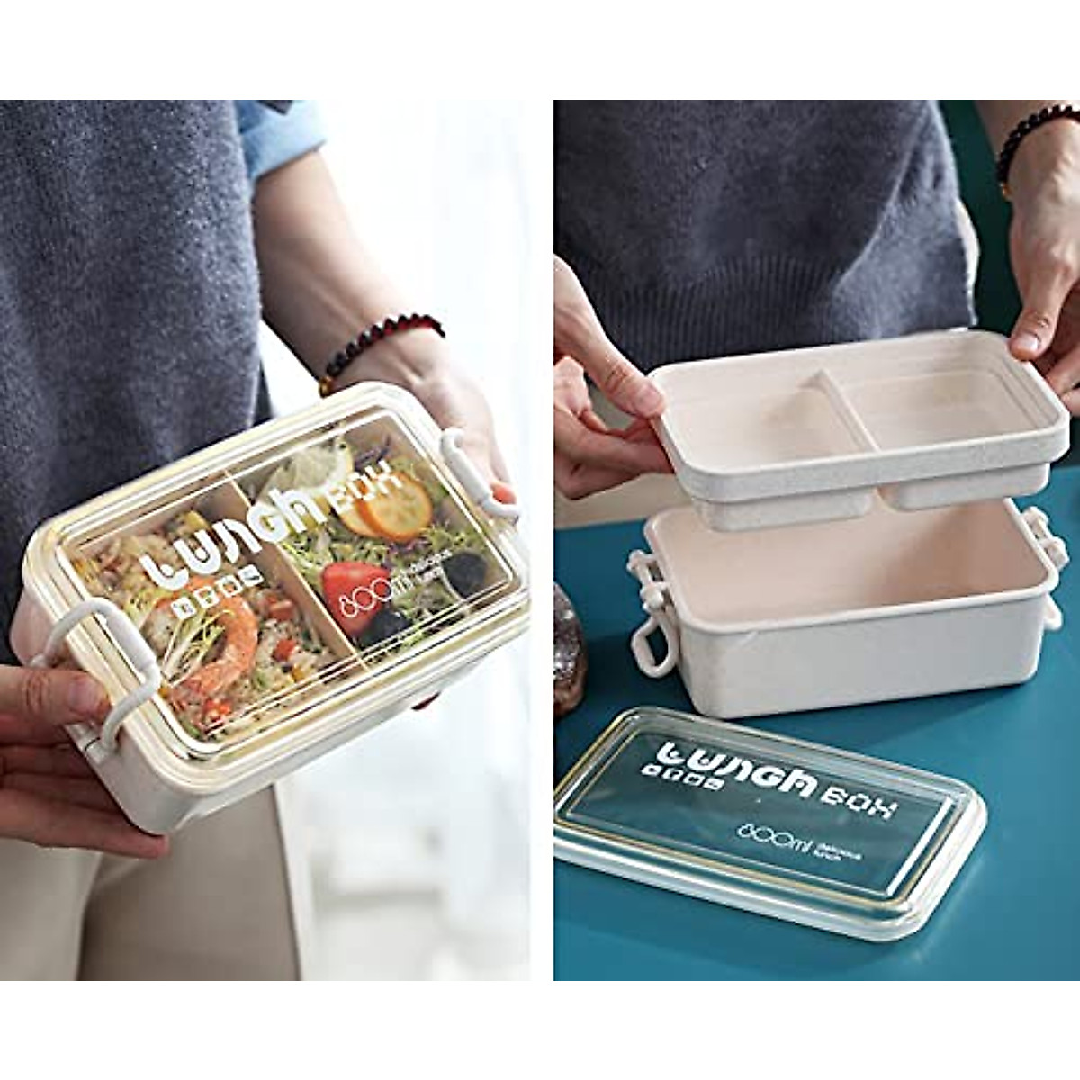 Yesland 3 Packs Bento Box, Wheat Straw 3-In-1 Compartment Japanese Lunch Box with Spoon and Fork, 2 Tier Stackable Lunch Containers for Kids and Adults (Beige, Pink & Green, 950Ml)