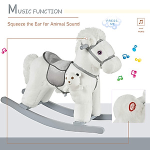 Qaba Kids Plush Ride-On Rocking Horse with Bear Toy, Children Chair with Soft Plush Toy & Fun Realistic Sounds, White