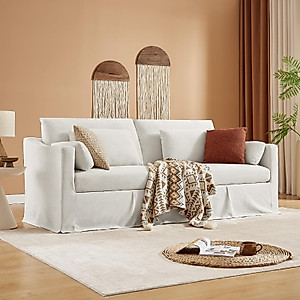 ONBRILL Slipcovered Sofa, 84" Modern Couch with Accent Pillows, 3 Seater Chenille Couch with Sloped Arm, Pocket Springs Seat Cushion, Washable Slipcover, Comfy Couch for Living Room, Apartment, White