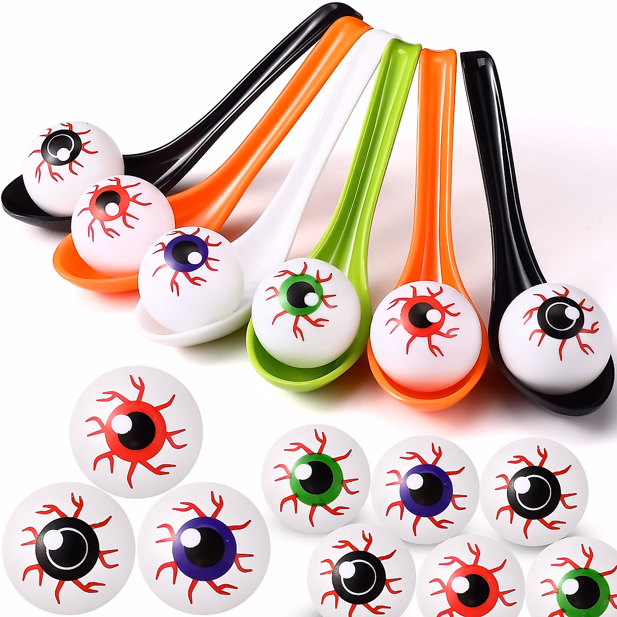 Liliful 24 Pcs Halloween Egg and Spoon Race Game Eyeball Spoon and Spoon Race Game Set for Halloween Party Favor Supplies Adults Indoor Outdoor Classroom Activities(Black, Purple, Red, Green)