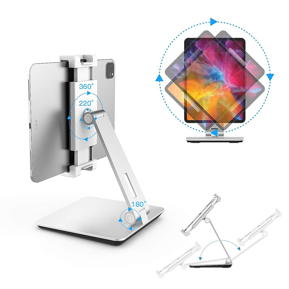Tablet Stand, Adjustable Heavy Duty Aluminum Phone Stand, 360° Swivel Foldable Holder for iPad, Samsung Tab, Kindle (4.7-13"), Design for Desk Kitchen Bedside Office (Silver)