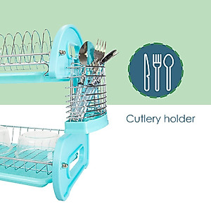 Home Basics 2 Tier Dish Drainer (Turquoise) Dish Rack for Kitchen Counter, with Cutlery Holder and Cup Slots