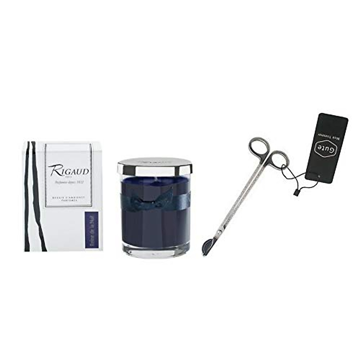 Rigaud Paris, Reine de la Nuit Bougie D'ambiance Parfumee, Small Candle Modele Complet w/Metal Silver Snuffer Lid, Blue Black, 2.6" Tall, 28 Hours with Gute Wick Cutter (2 Piece Bundle)