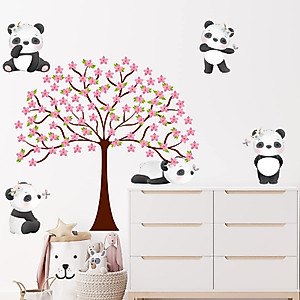 Panda Cherry Blossom Tree Wall Decal Baby Animals Nursery Wall Stickers Art Panda Kids Room Wall Decor