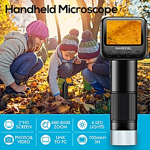 RAREIDEL Digital Microscope with 2" LCD Screen, 400X-800X HD Handheld Portable Pocket Microscope for Kids, Mini Coin Microscope Camera Magnifier, 6 LED Lights Adjustable, USB to PC