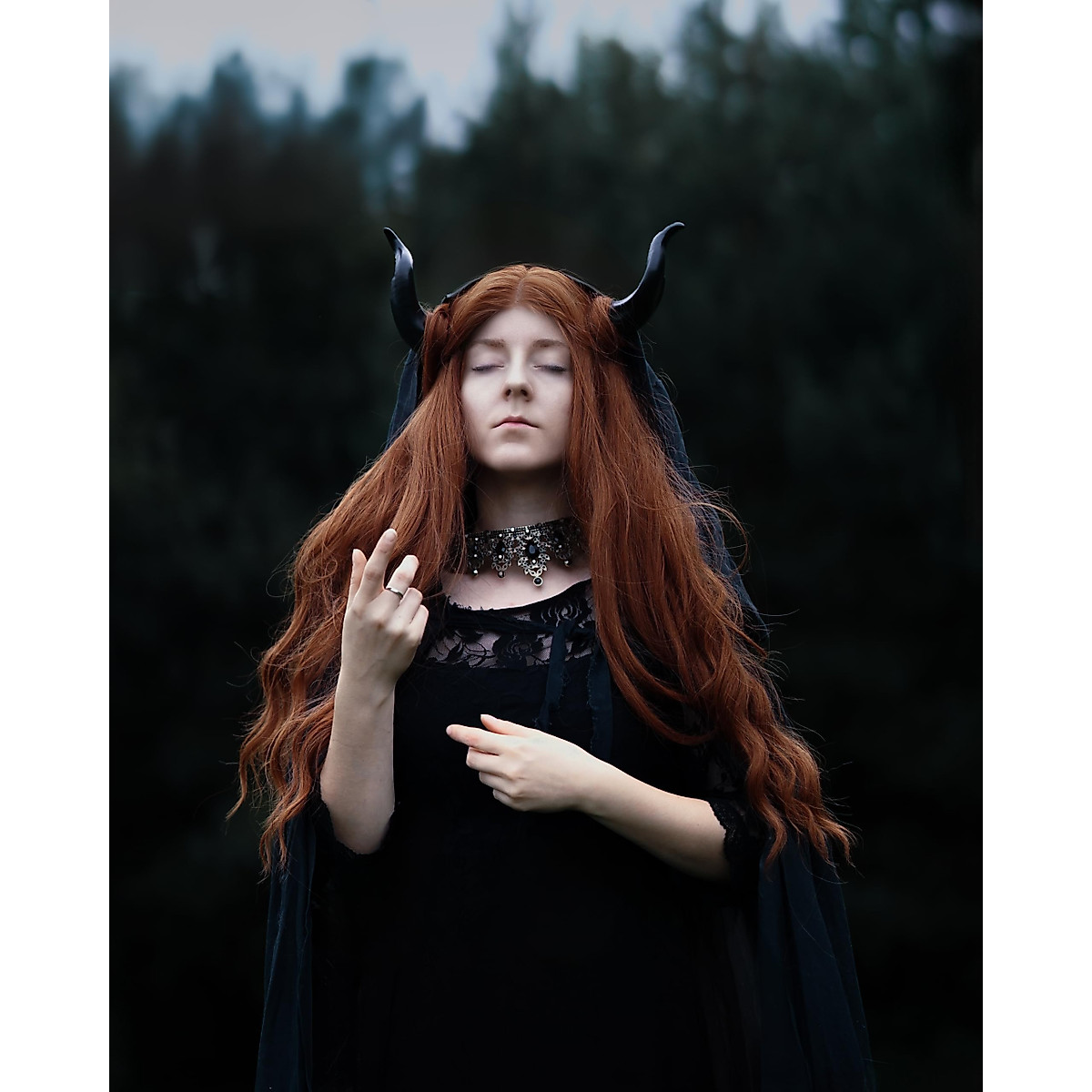 MOSTORY Black Ox Horn Headband - Handmade Devil Hairband Dark Horn Hairhoop Demon Headband with Clips for Easter Cosplay Carnival Mardi Gras Renaissance Photo Shoot