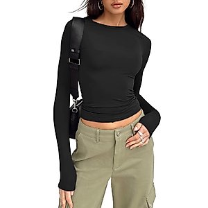 Trendy Queen Womens Long Sleeve Shirts Basic Tees Crop Tops Going Out Spring 2025 Workout Outfits Y2k Clothes Black S