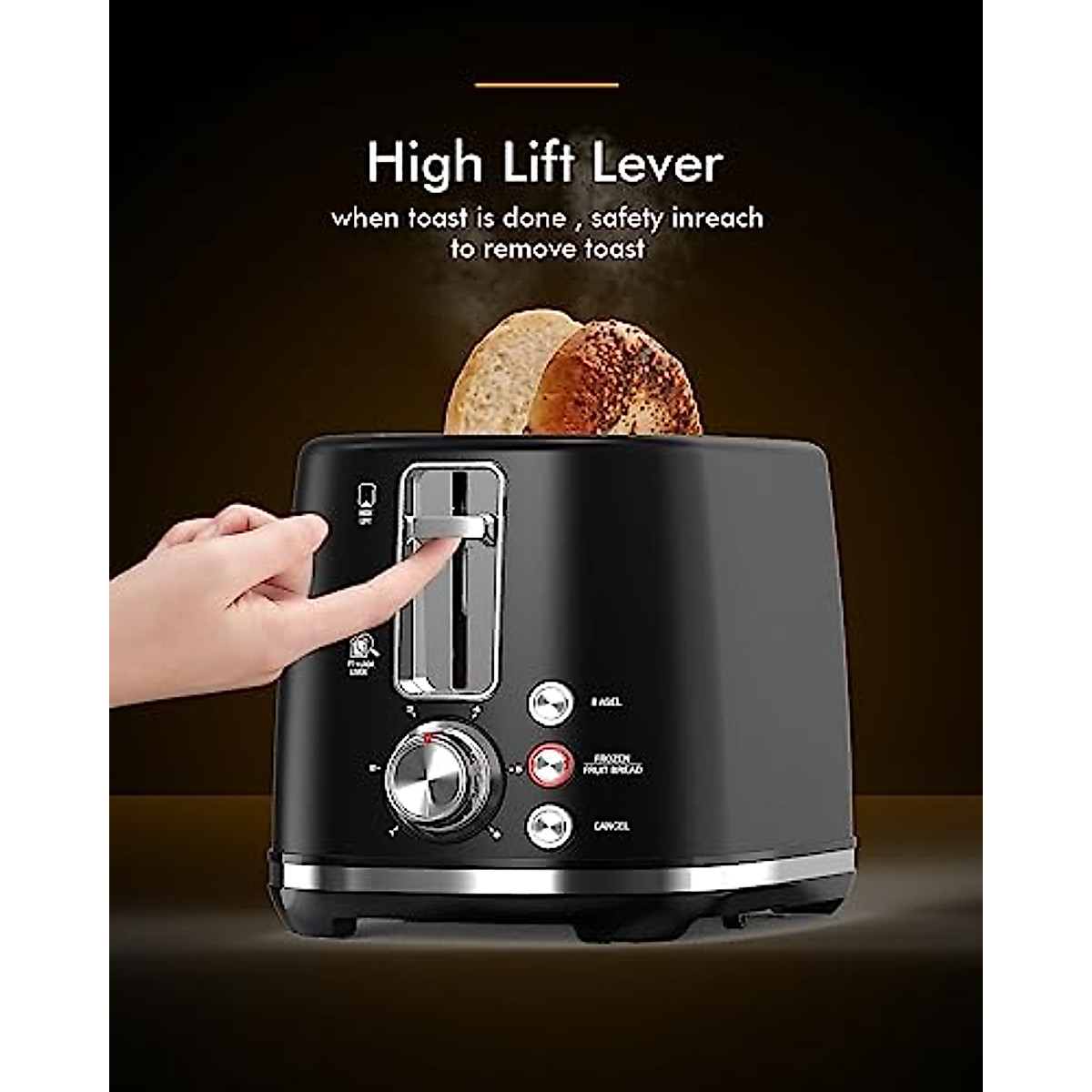 Longdeem 2-Slice Toaster, Extra Wide Slots, 6 Browning Options With Lift and Look, Auto Shut-Off & Frozen Function for Toasting Fruit Bread, Bagels & Waffles, Removable Crumb Tray, Matte Black