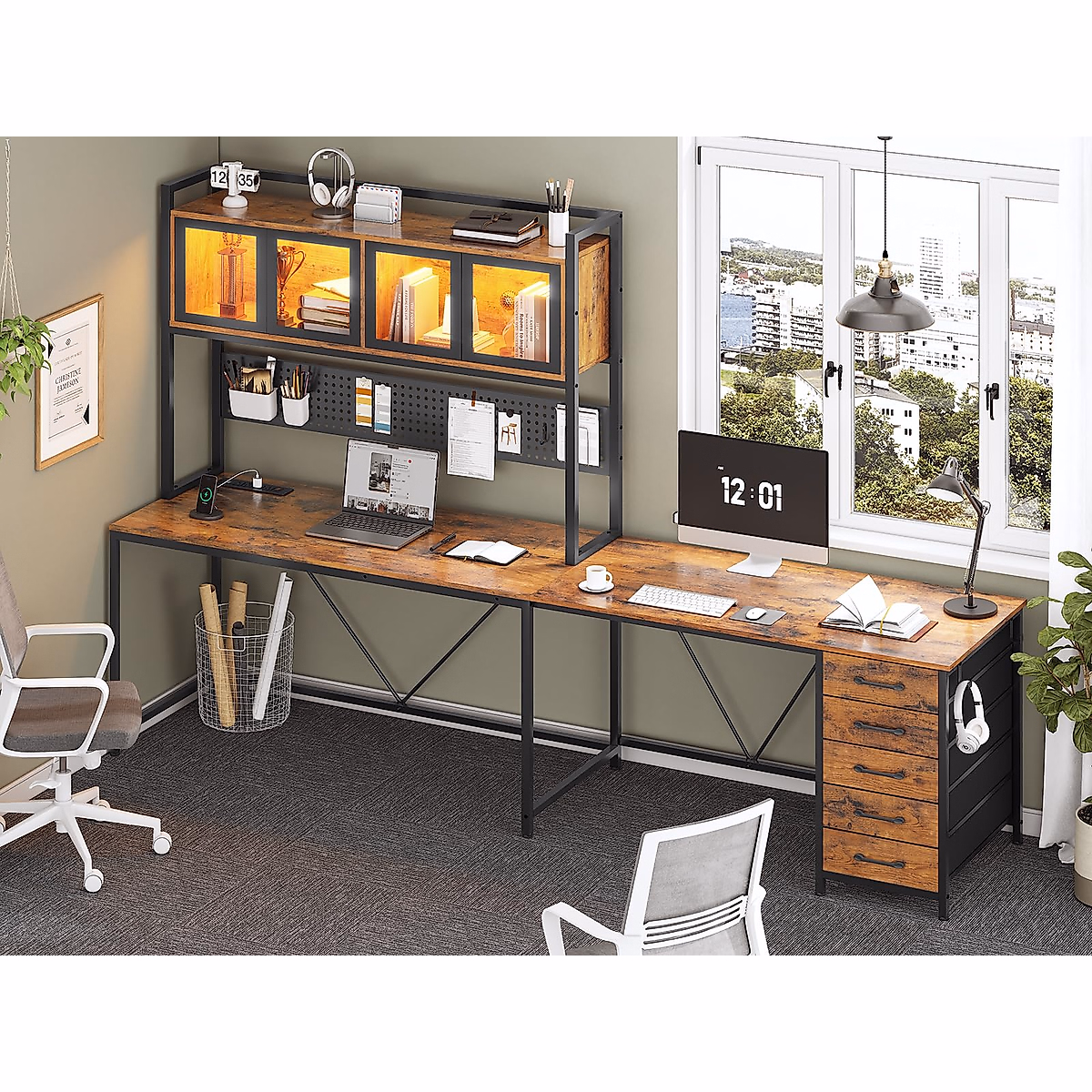 SEDETA L Shaped Gaming Desk with Drawers, L Shaped Computer Desk with Hutch and Storage Shelves, Gaming Desk with Pegboard, Led Lights, and Power Outlet, Home Office Desk, Corner Desk, Rustic Brown