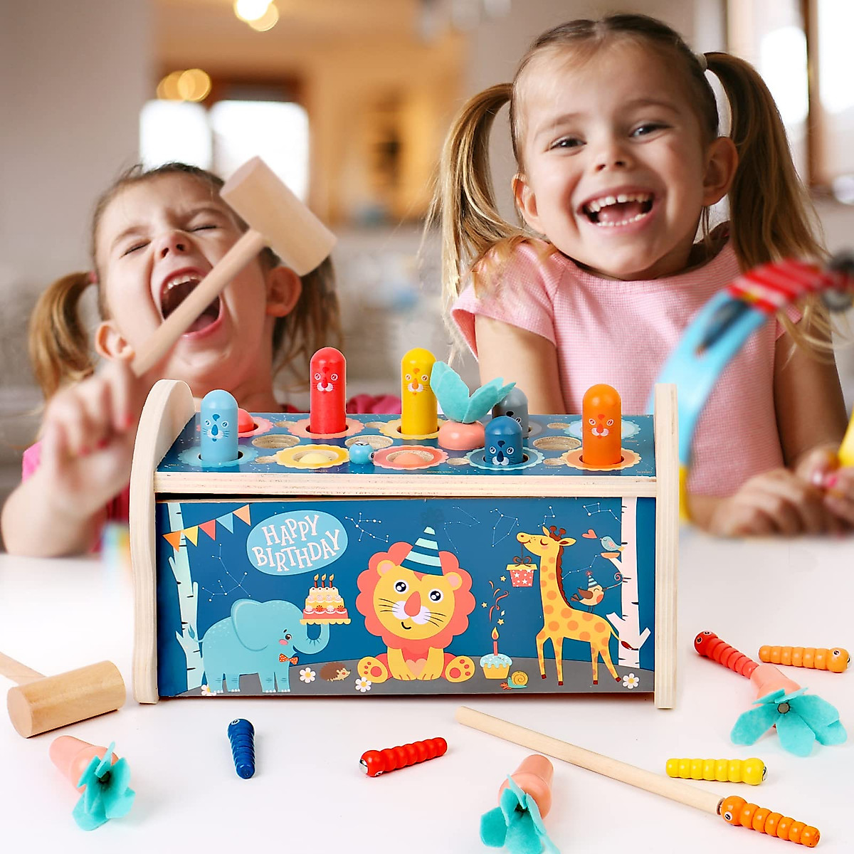 BESTAMTOY Wooden Educational Hammering Gopher Toy Worms Catching Radish Xylophone Pounding Bench Early Learning Lion Patterns Cute Colorful Skills Developing Games Hamster Play Set